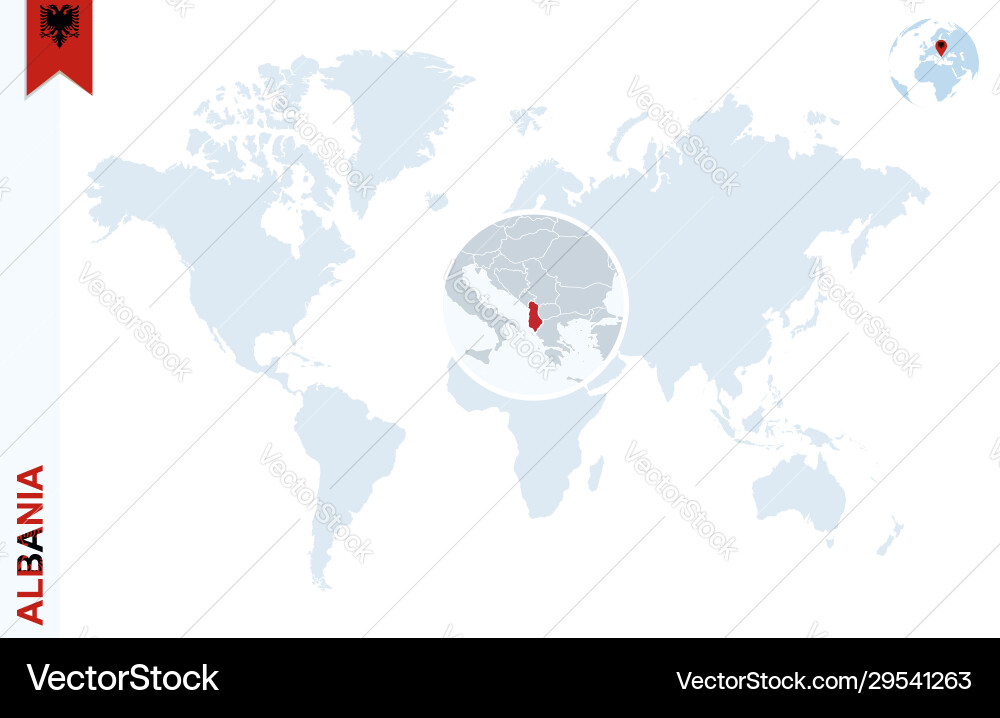 Blue world map with magnifying on albania Vector Image