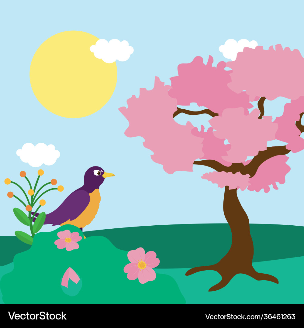 Spring pink tree and bird design Royalty Free Vector Image