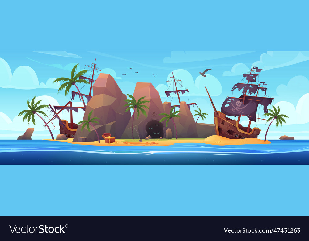 Wreck of pirate ships on desert island sea Vector Image