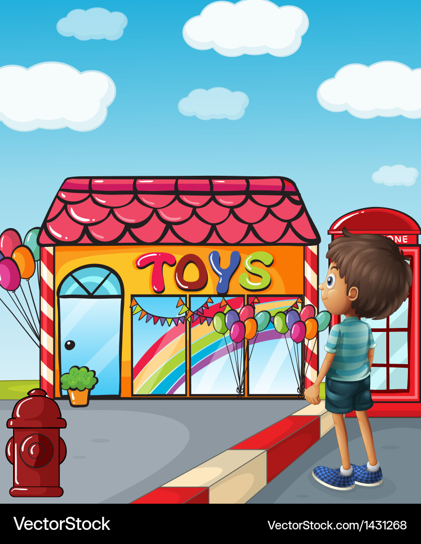 A boy standing near toy store Royalty Free Vector Image