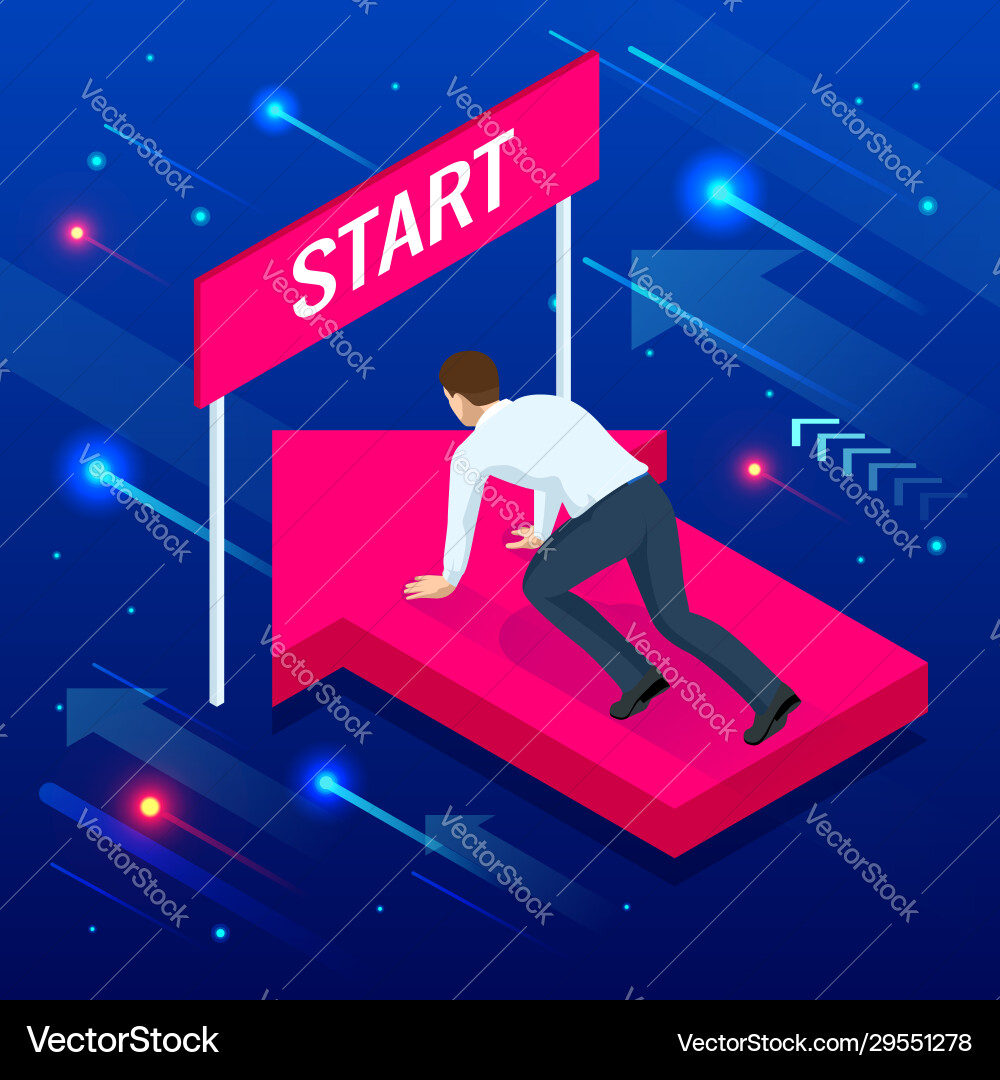 Isometric young businessman in starting Royalty Free Vector