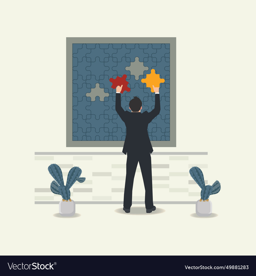 Businessman complete a puzzle inserting missing Vector Image