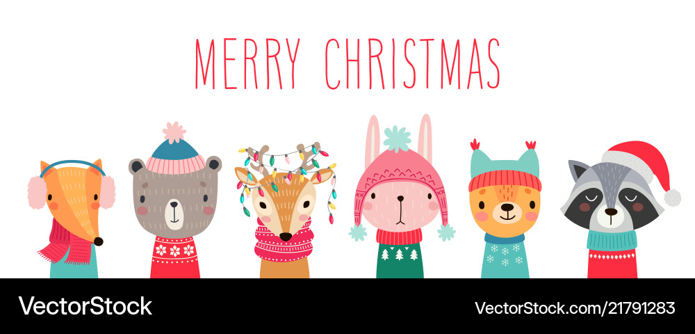 Christmas card with cute animals hand drawn Vector Image
