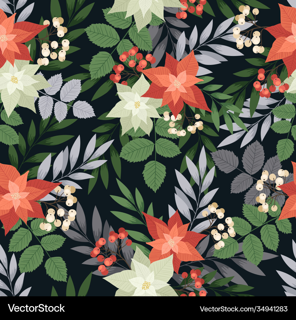Christmas seamless pattern with plants and flowers
