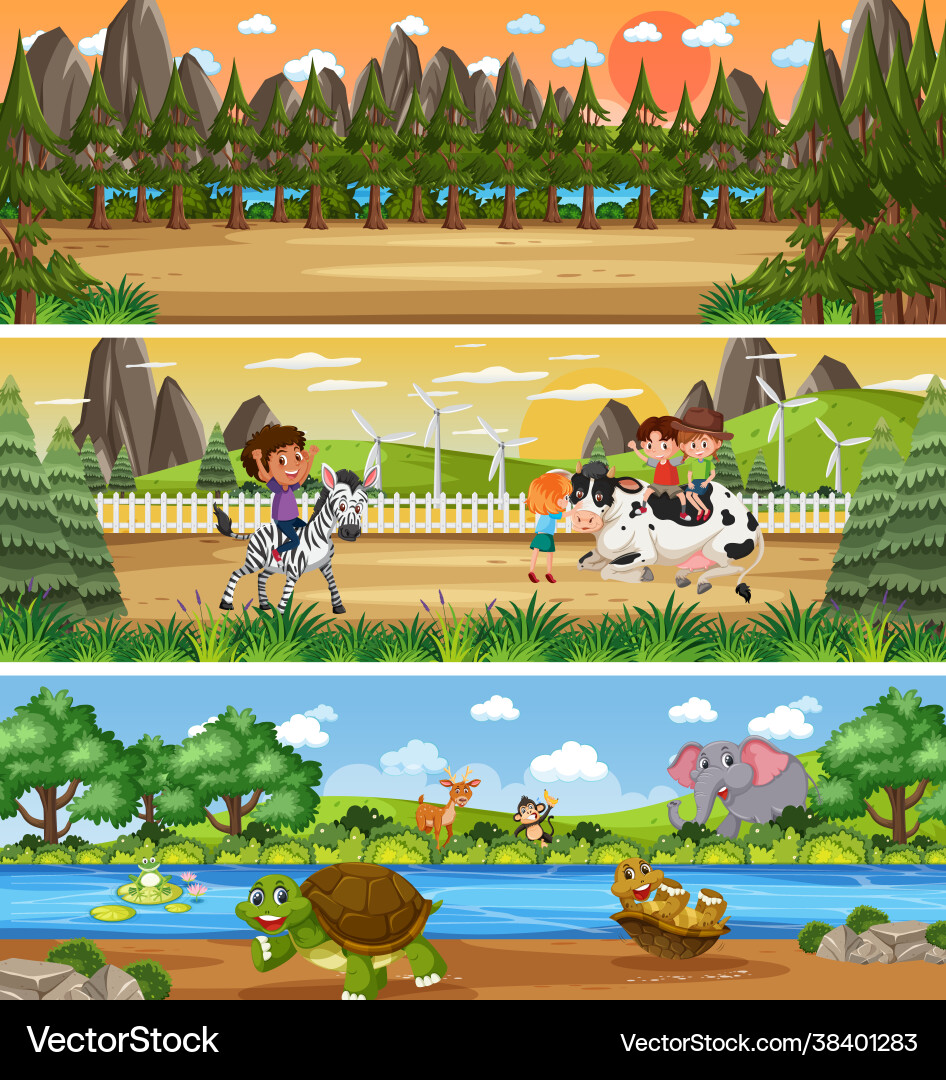 Panoramic nature landscape scene set with cartoon Vector Image