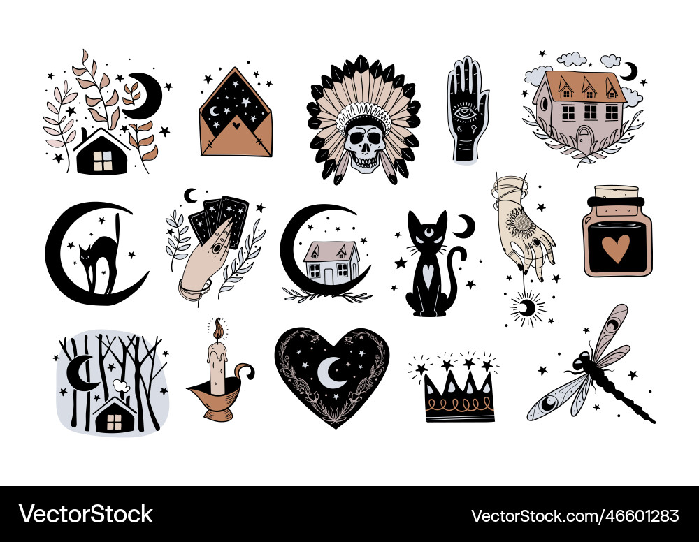 Set of modern hand drawn mystical witch logos Vector Image