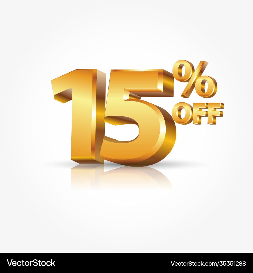 3d shiny gold 15 percent text with reflection Vector Image