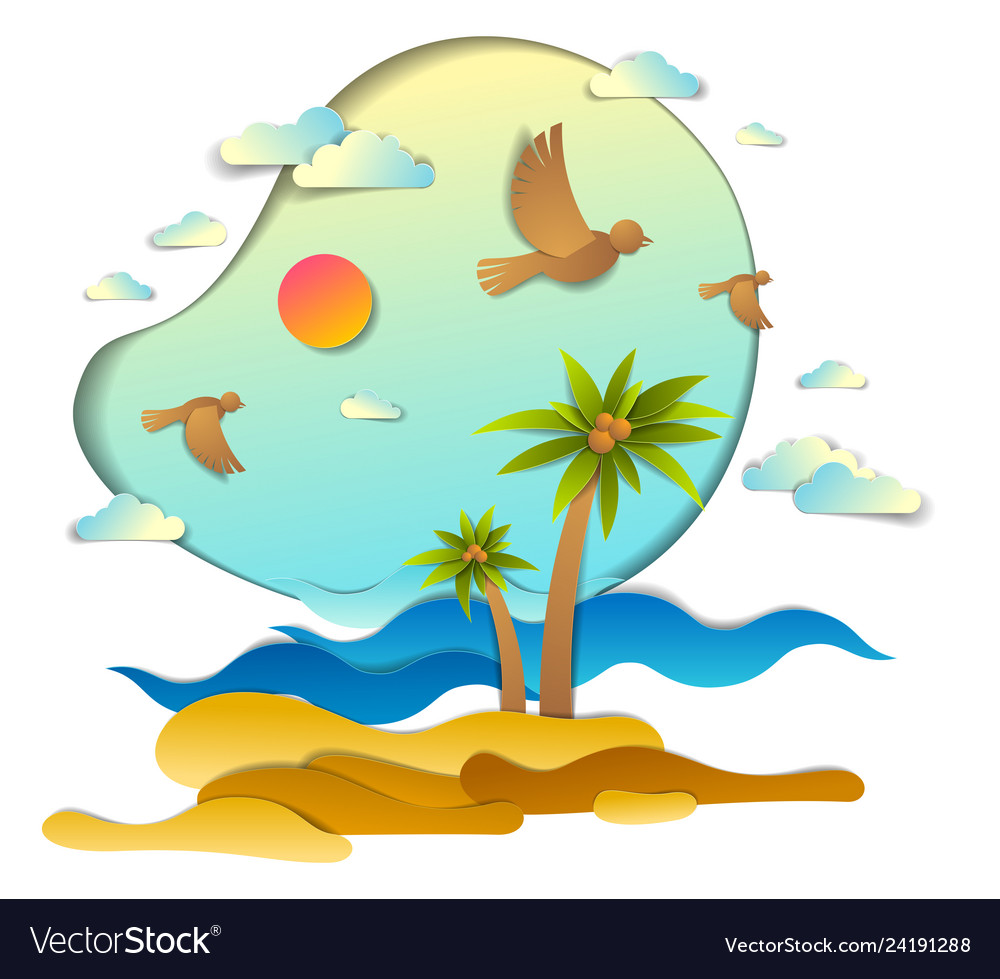 Beach with palms sea waves perfect seascape birds Vector Image