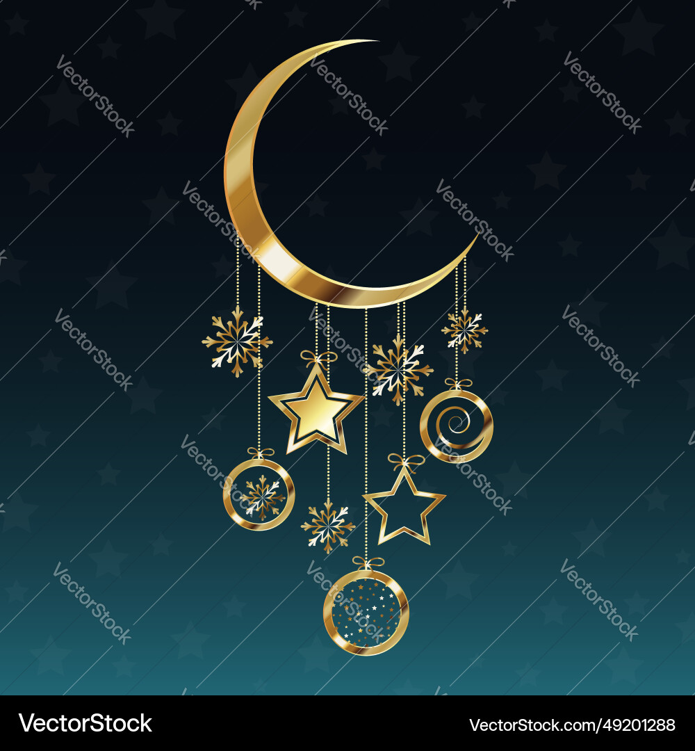 Golden crescent moon with hanging christmas tree Vector Image