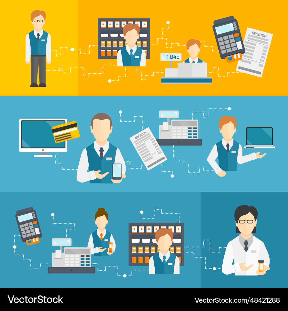Set icons salesman flat banners Royalty Free Vector Image