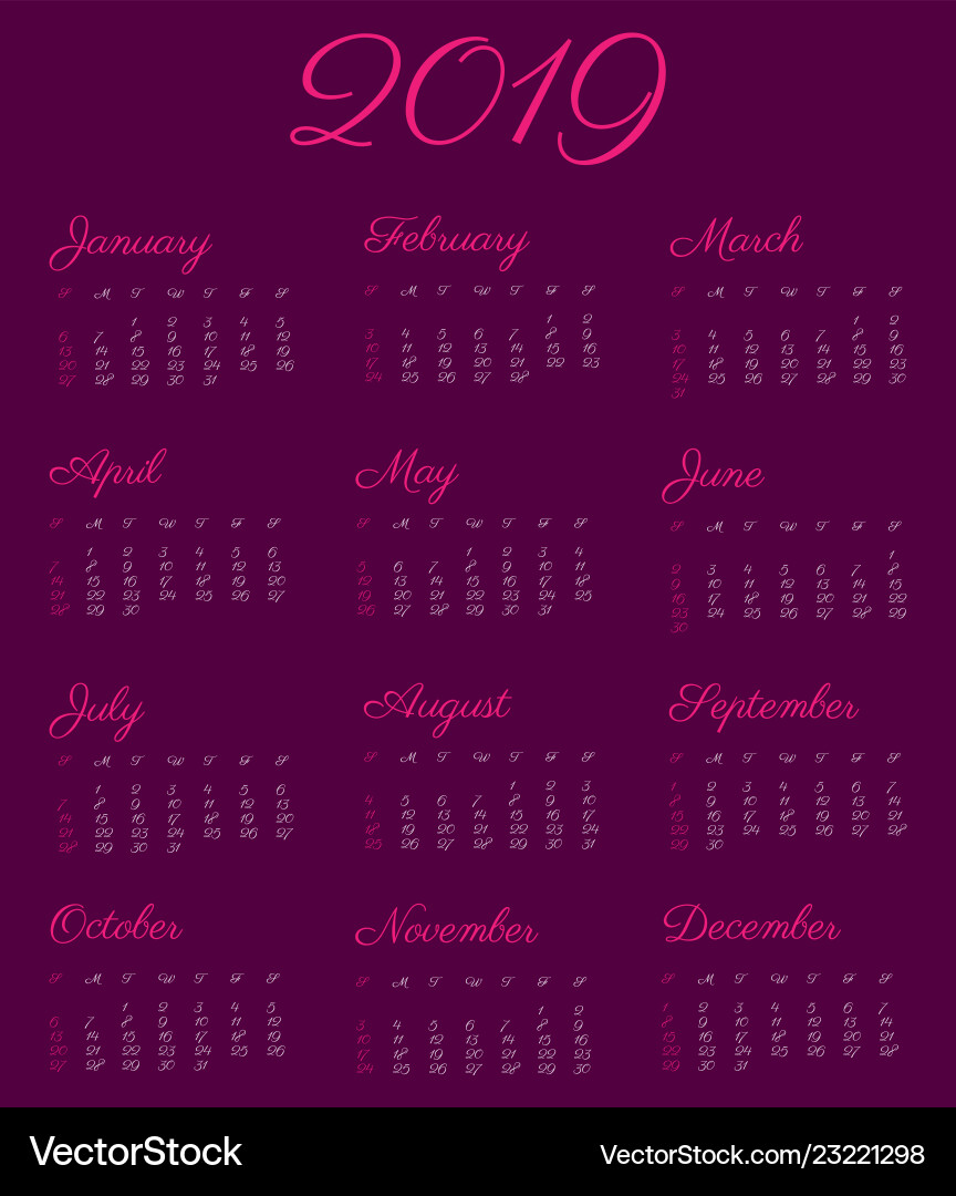 2019 calendar year - vintage Royalty Free Vector Image