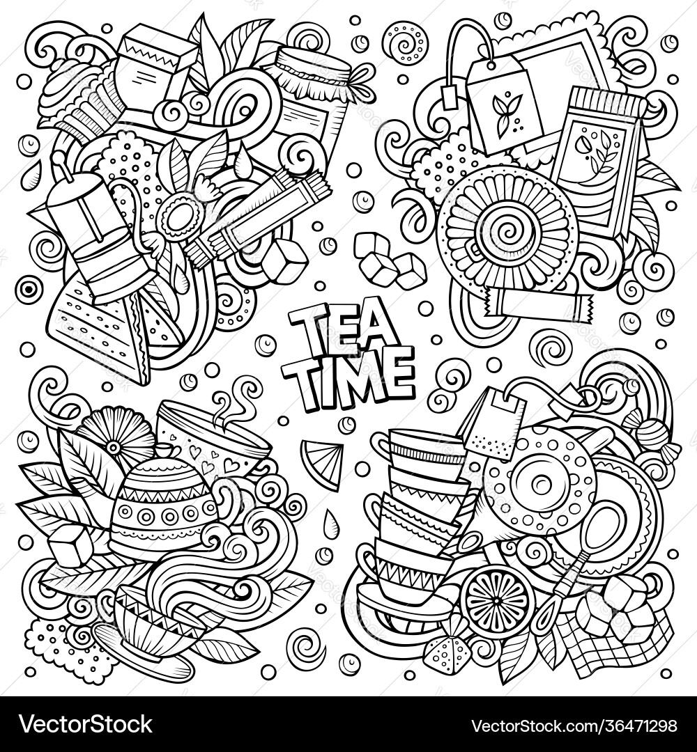Hand drawn doodles cartoon set tea Royalty Free Vector Image