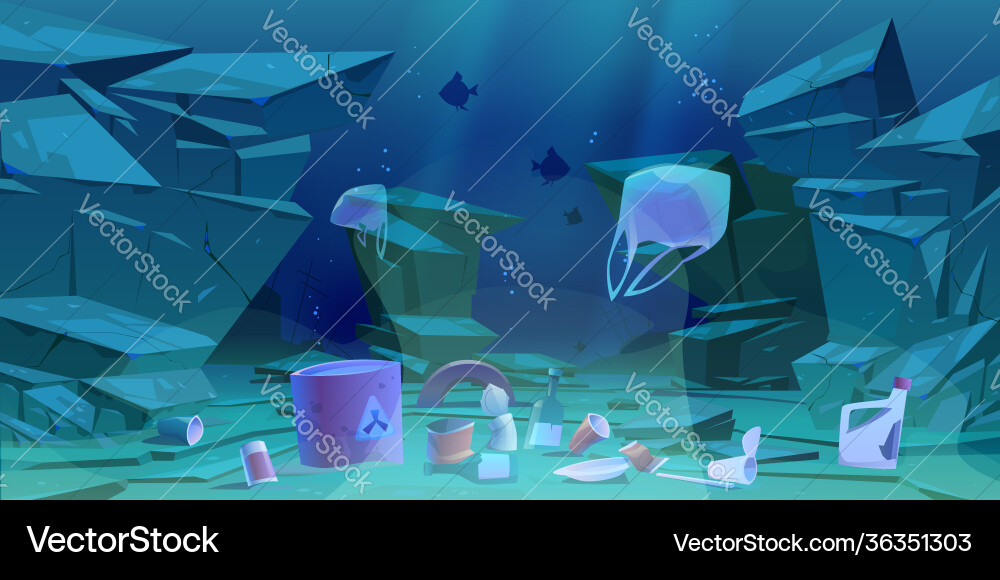 Plastic garbage on ocean bottom trash sea floor Vector Image