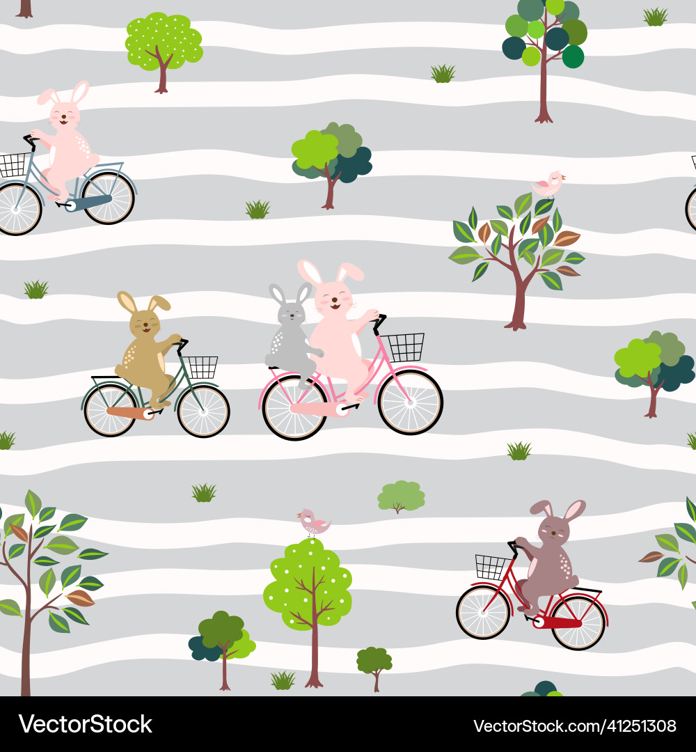 Cute cartoon rabbits with bicycle happy on spring Vector Image