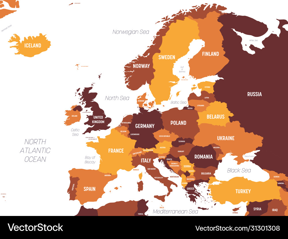 Europe map - brown orange hue colored on dark Vector Image