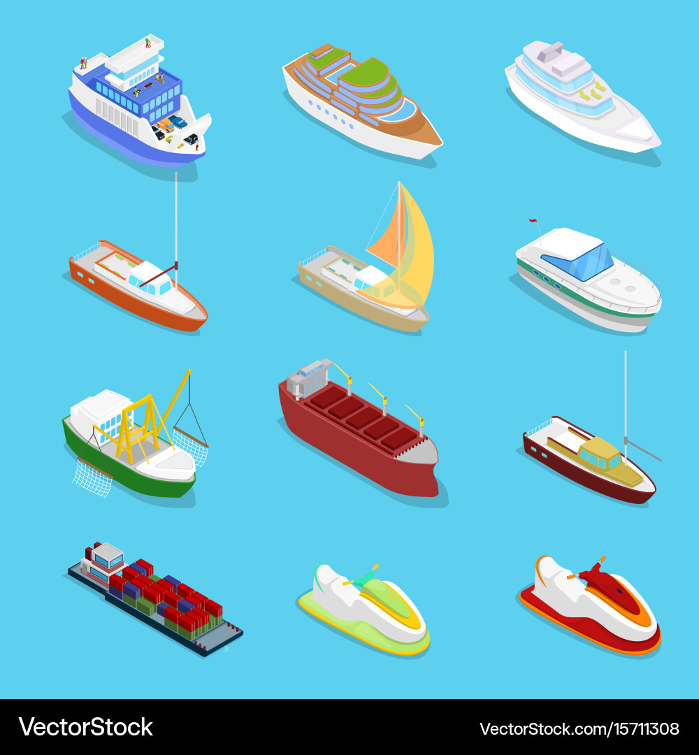 Isometric water transport set with cruise Vector Image