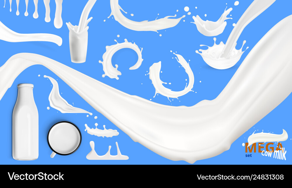 Realistic milk splashes drops and swirls set on Vector Image