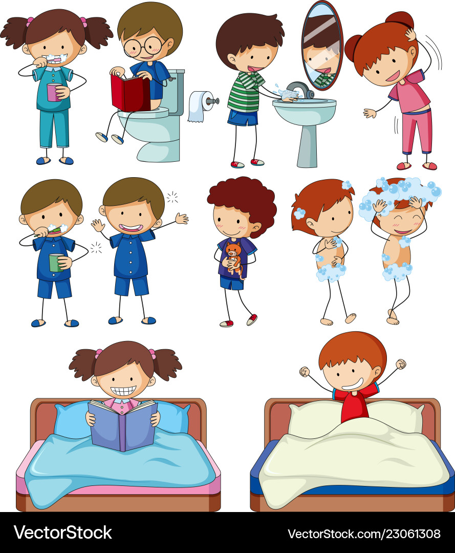Set of doodle kids character routine activities Vector Image