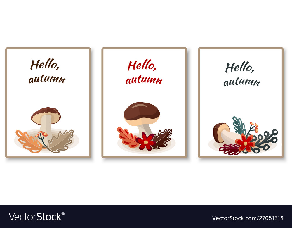 Autumn cards with stylized mushrooms and leaves Vector Image