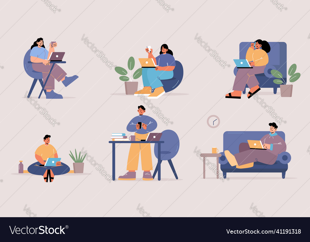 Work from home set of people with laptops at home Vector Image