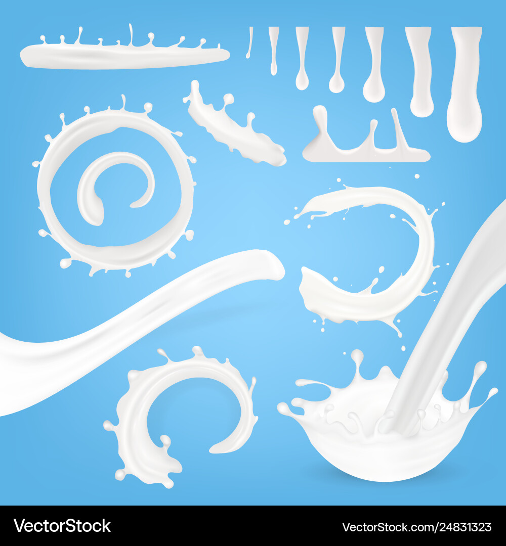 Realistic milk splashes drops and swirls set on Vector Image