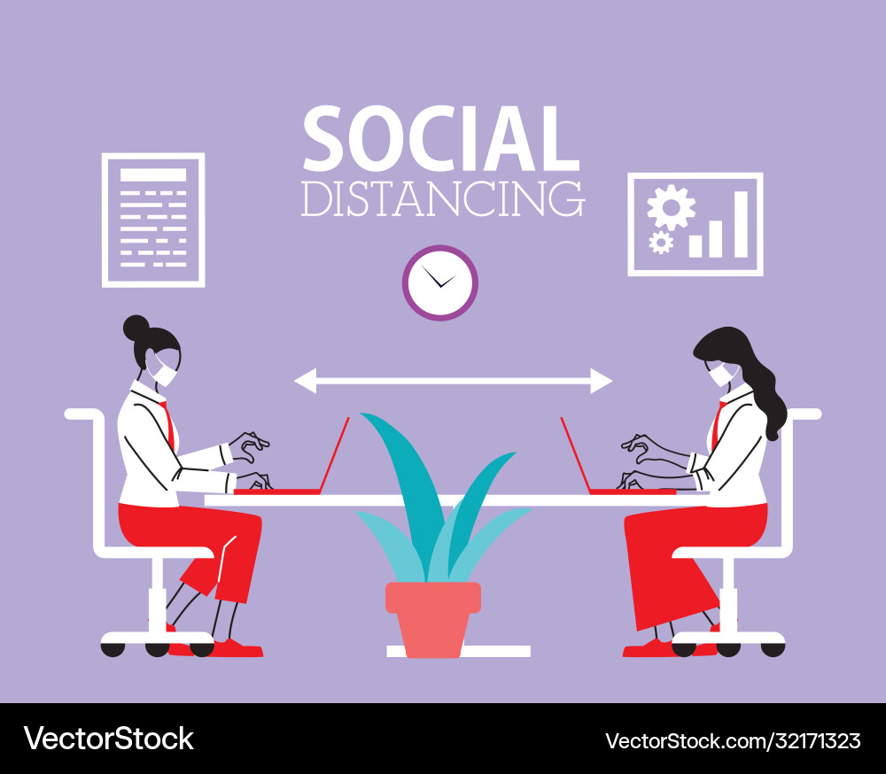 Social distancing between women with masks Vector Image