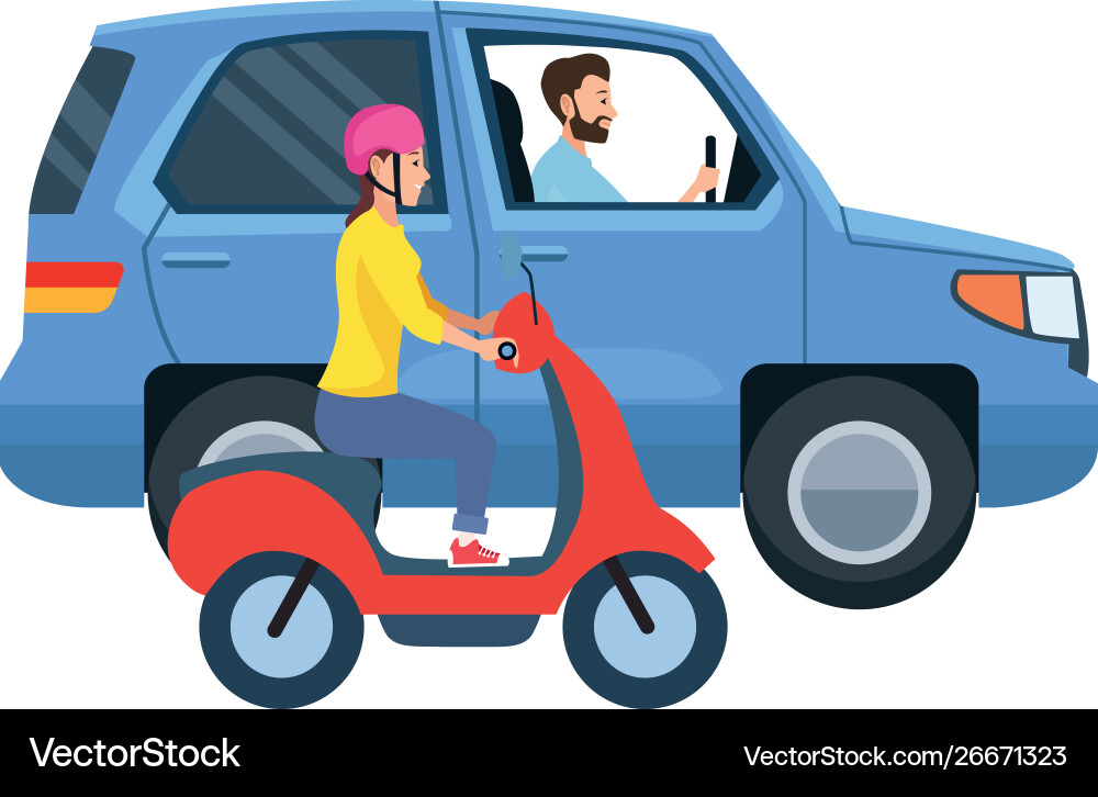 Vehicle and motorcycle with drivers riding Vector Image