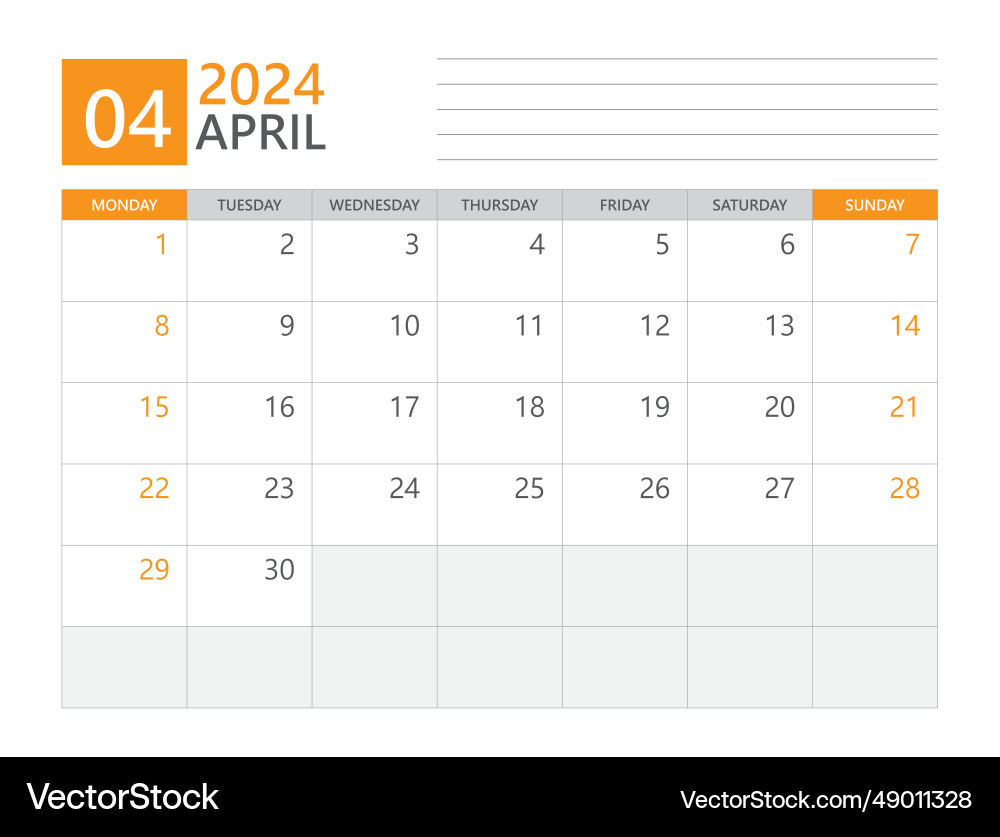 April 2024 template calendar planner 2024 week Vector Image