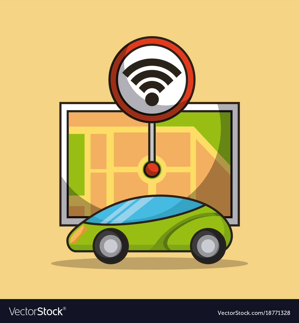 Autonomous car and map pointer signal navigation Vector Image