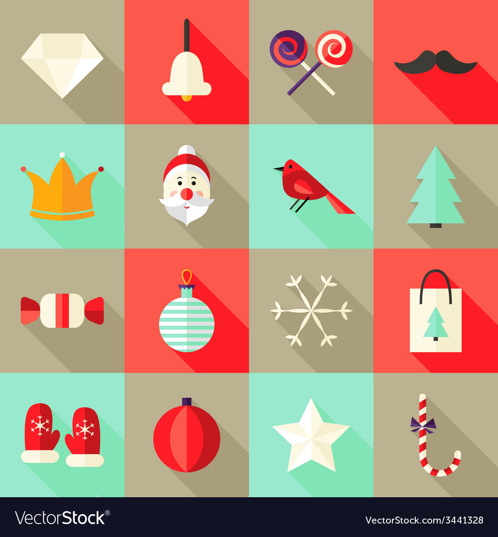 Christmas Square Flat Icons Set 1 Red and Mint Vector Image