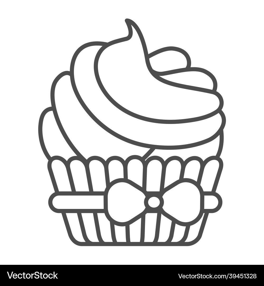 Cupcake with bow and cream frosting thin line icon
