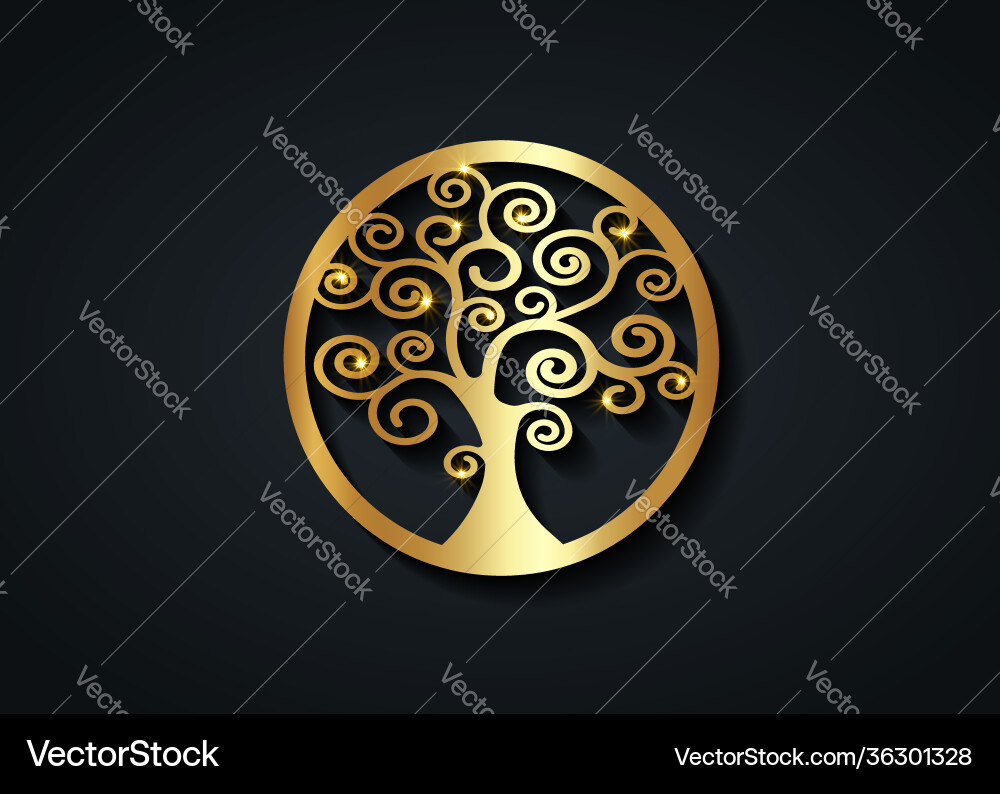 Sacred tree gold round life logo icon Royalty Free Vector