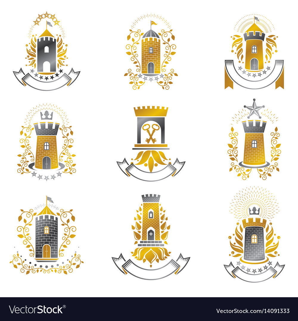 Ancient citadels emblems set heraldic design Vector Image