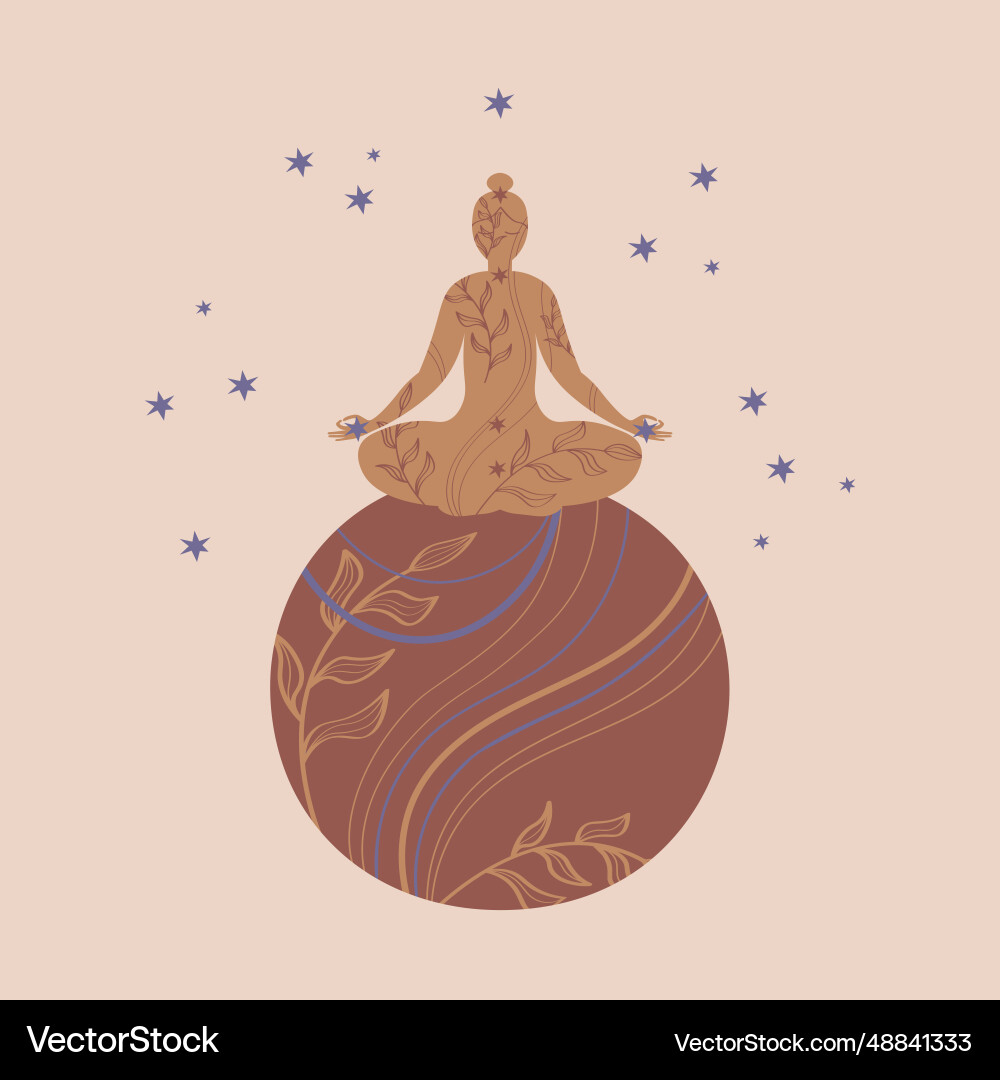 Silhouette yoga meditating character with sky Vector Image