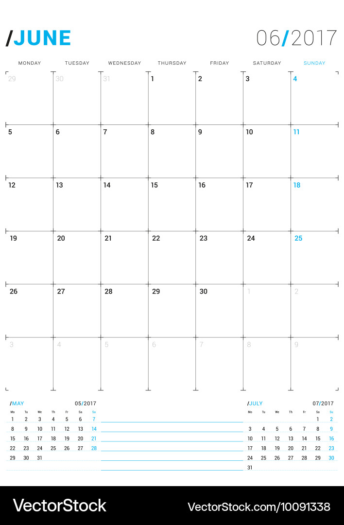 June 2017 print template monthly calendar Vector Image