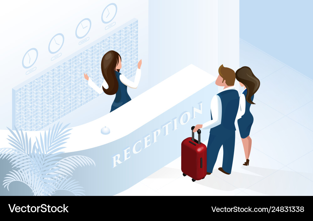 Receptionist at hotel reception welcome couple Vector Image