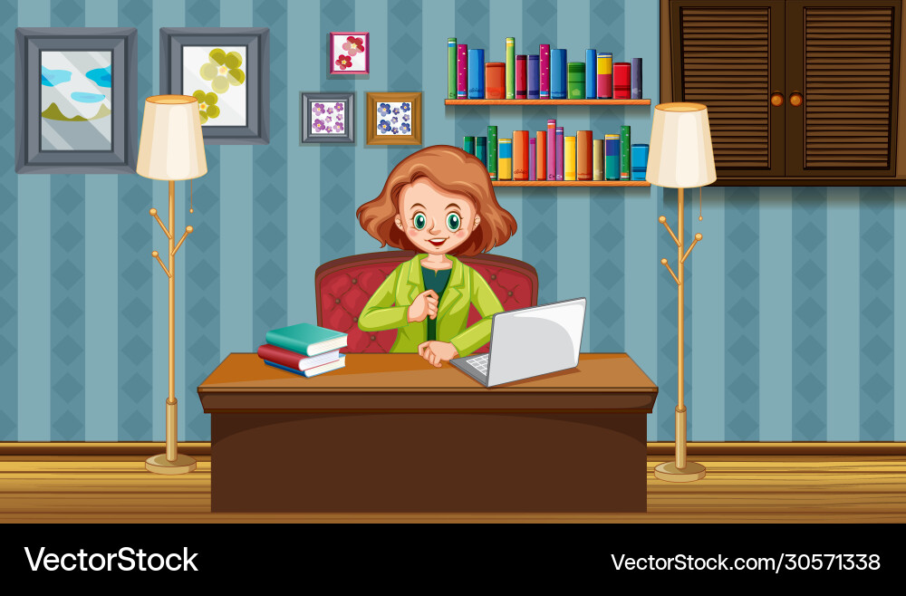 Scene with woman working on computer at home Vector Image