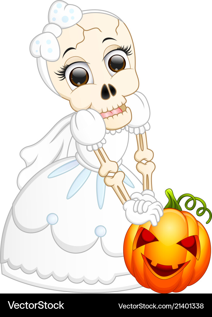 Skull bride holding pumpkin cartoon Royalty Free Vector