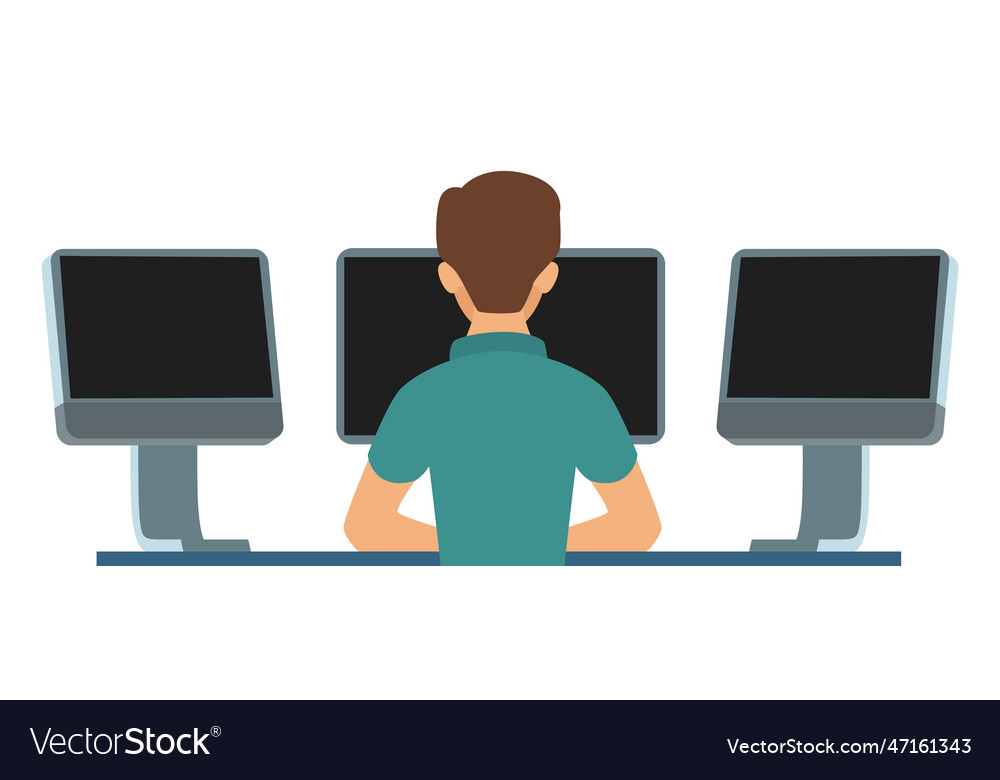 Man at multiple monitors finance trader code Vector Image