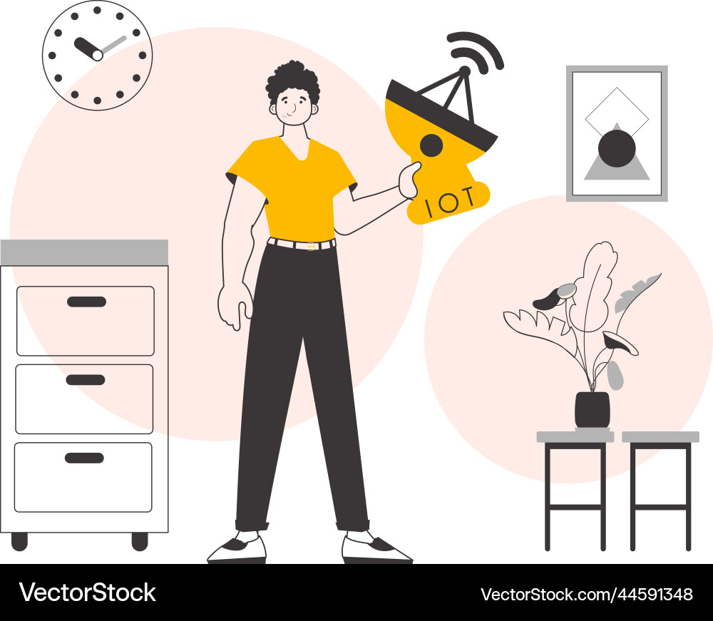 Boy is holding the iot logo in his hands linear Vector Image