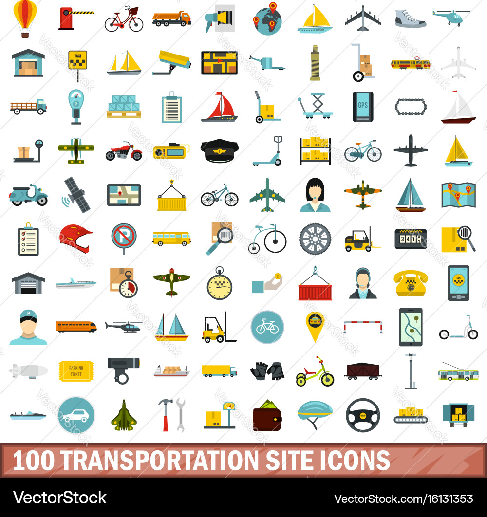 100 transportation site icons set flat style Vector Image