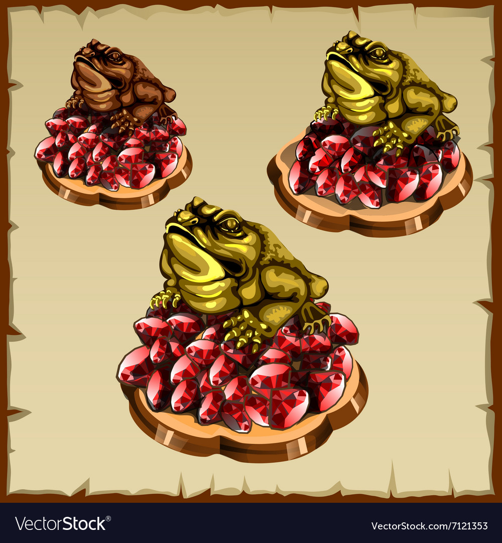Three frog figurines sitting on ruby Royalty Free Vector