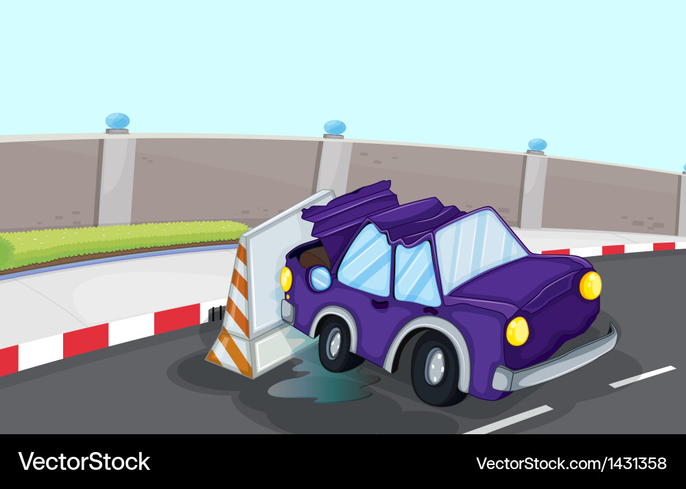 A violet car bumping traffic cone at road Vector Image