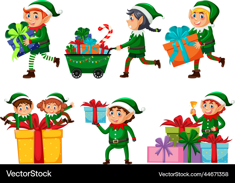Christmas elf cartoon character set Royalty Free Vector