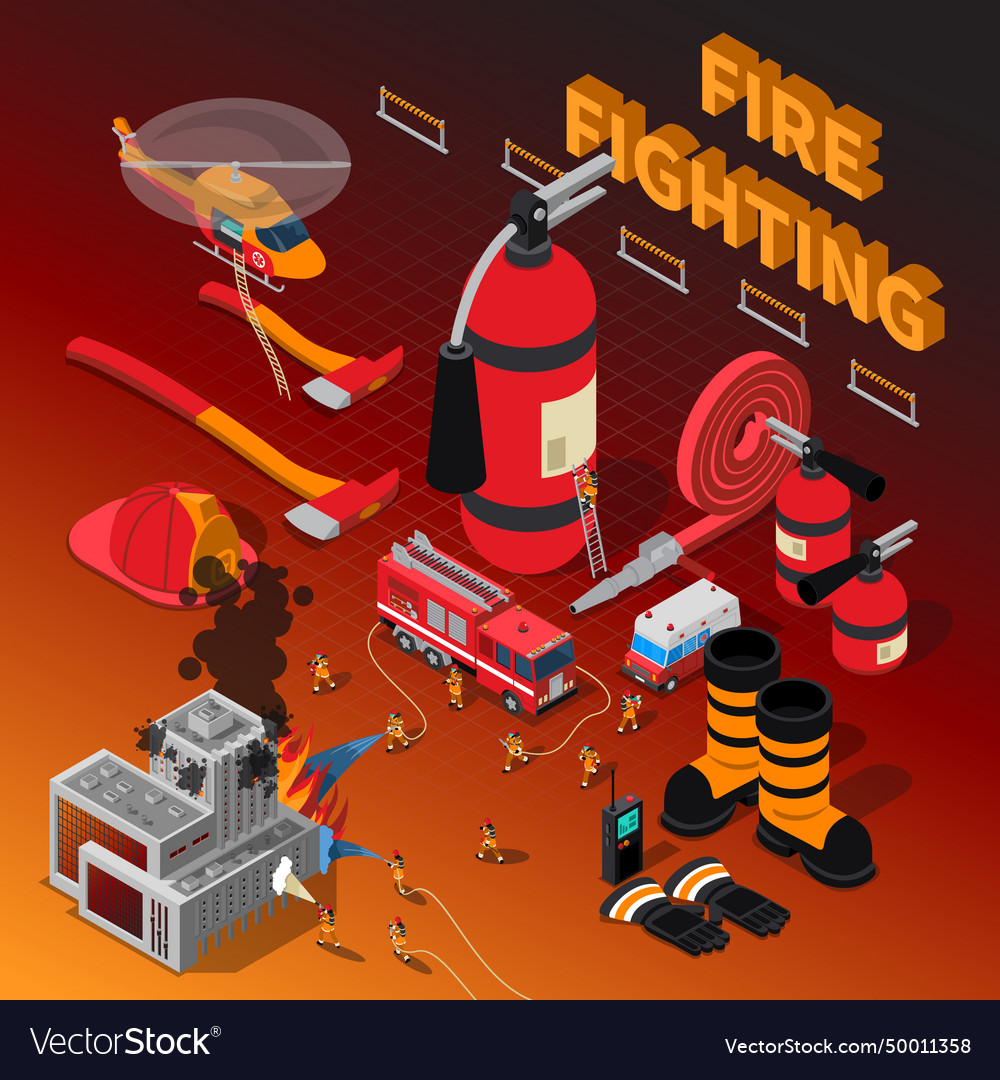 Firefighter isometric composition Royalty Free Vector Image