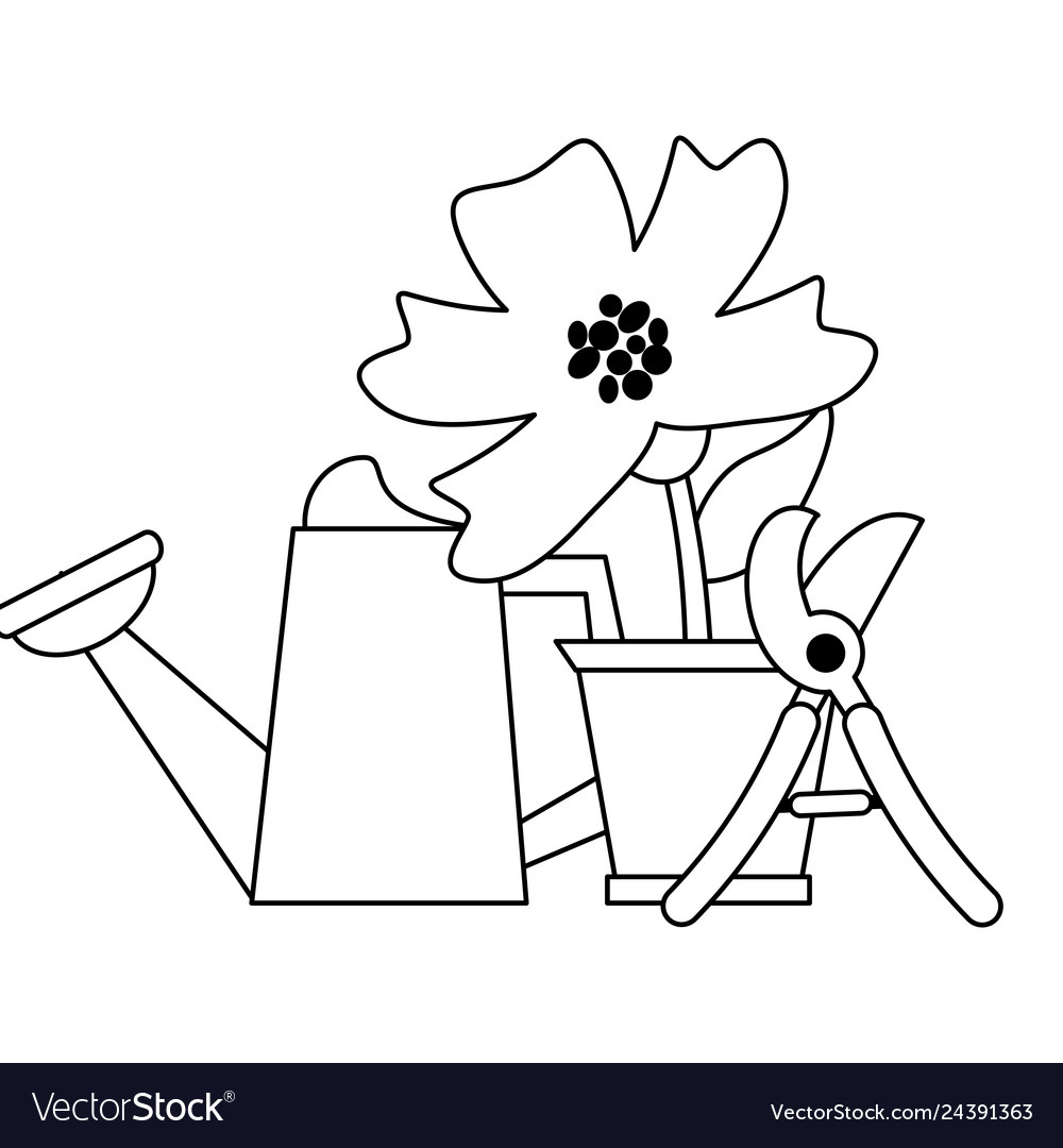 Gardening plants and tools black and white Vector Image