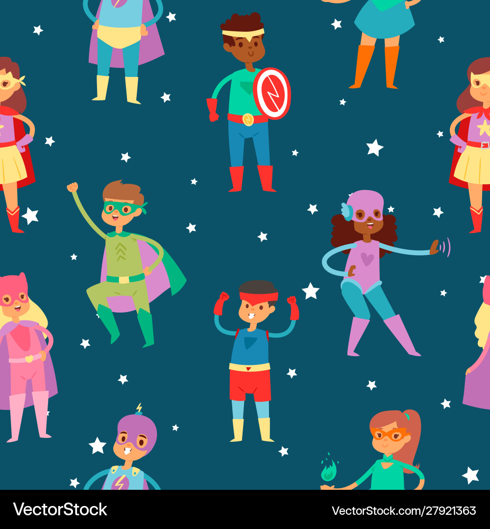 Superhero kids in costumes seamless pattern Vector Image