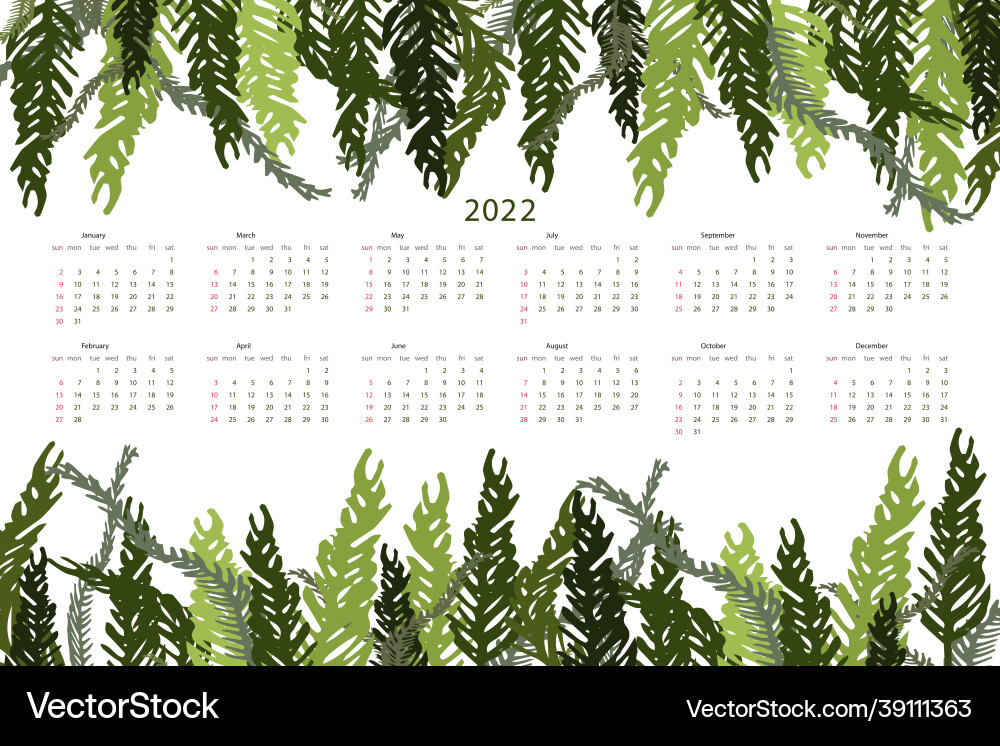 Tropical calendar for 2022 with green branches Vector Image