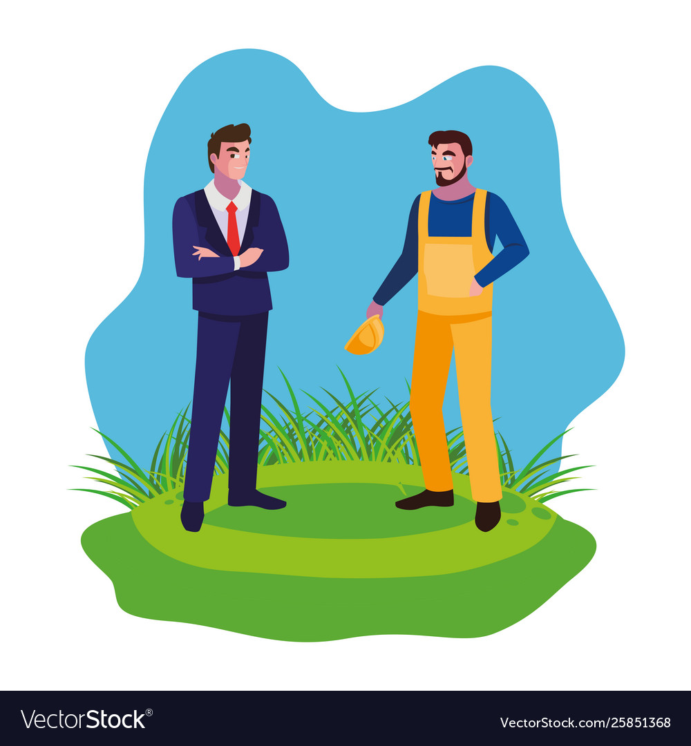 Builder constructor with engineer on lawn Vector Image