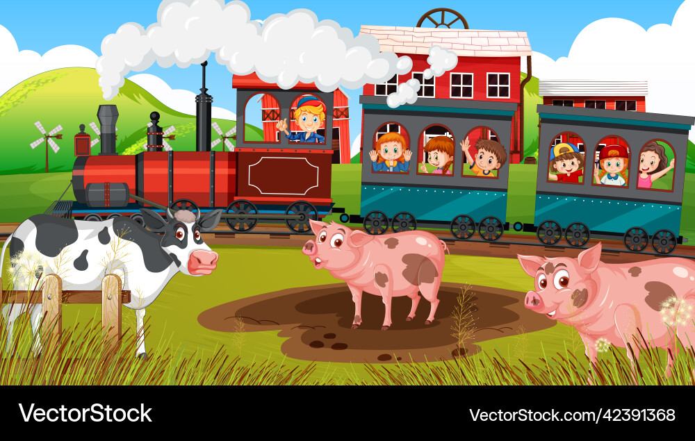 Farm scene with kids on the train Royalty Free Vector Image